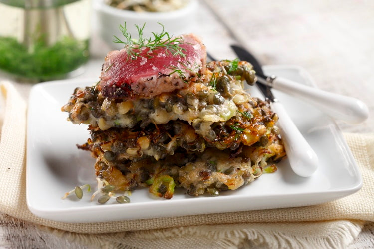 Wood Grilled Tuna with Sprouted Lentil & Wild Ramp Fritter and Smoked ...